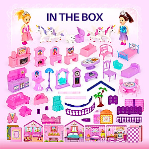 Dollhouse with 2 Princesses, 4 Unicorns, Dog, Furniture and Accessories - Pink and Purple Dream Doll House Toy for Little Girls - 5 Rooms w/Garden, Furniture and Accessories, Gift for Girls Ages 2-8