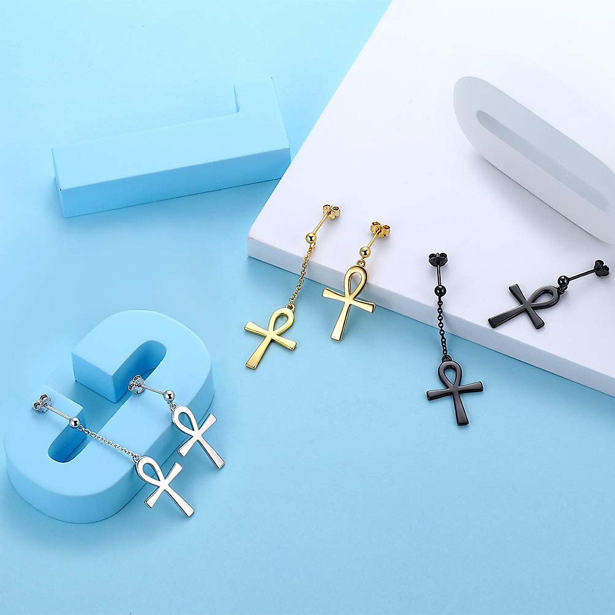 Egyptian Ankh Cross Earrings for Men Women 925 Sterling Silver Gothic Cross Dangle Earrings Ancient Symbol Key of Life Ankh Earrings Protection Jewelry Christmas Gifts for Women Mom Wife FE079Y