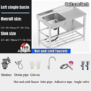 SEYFI Kitchen Sinks Outdoor Free Standing,Bowl,with Drainboard, U-Tility Prep Station Sink, Laundry Tub, Free Standing Stainless for Commercial Restaurant/Left - Hot and Cold/Left - Hot and Cold/120C