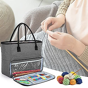 YARWO Knitting Crochet Bag, Yarn Storage Tote Bag for WIP Projects, Yarn Skeins, Crochet Hooks and Knitting Needles, Gray with Arrow (Bag Only, Patent Pending)