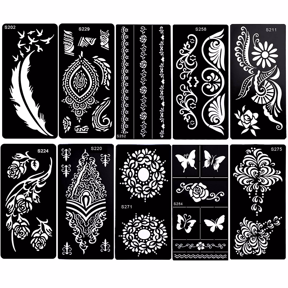Konsait 10Sheets Large Temporary Tattoo Stencils, Reusable Henna Tattoo Sticker Template Feather Butterfly Mandala Flower Jewelry Face Body Art Glitter Tattoo Stencil Kit for Adults Women Girls