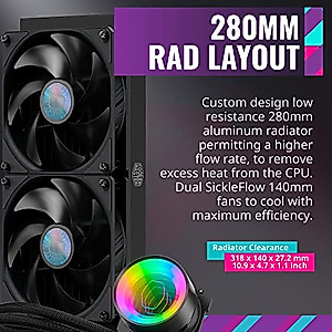 Cooler Master MasterLiquid ML280 Mirror Close-Loop AIO CPU Liquid Cooler, ARGB Mirror Pump, Dual Chamber Pump, SickleFlow 140 PWM Fans, AMD Ryzen AM5/AM4, Intel LGA1700*/1200 (MLX-D28M-A14PK-R1)
