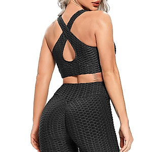 SEASUM Women Textured Leggings Matching Sport Bra Medium Support Workout Bra Crop Top M