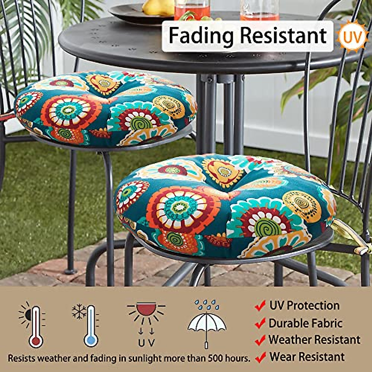 MAGPIE FABRICS Outdoor 15"x15"x4" Round Bistro Seat Cushions with Ties Set of 2, Tufted Waterproof Patio Floor Chair Pads for Home Garden Balcony Kitchen Office Porch, Heronsbill Turquoise Green