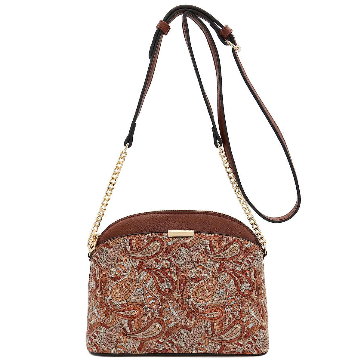 FashionPuzzle Paisley Print Small Dome Crossbody with Chain Strap (Brown/Brown)