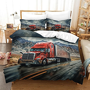 AAHARYA Red Semi-Trailer Quilt Cover 3D Printed Big Truck Bedding Set Comforter Covers Duvet Cover 3 Pieces with Pillowcases for Childrens and Adults Microfiber with Zipper Closure Twin（173x218cm）