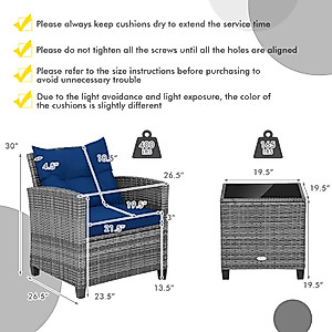 Tangkula 3 Pieces Patio Furniture Set, Outdoor PE Rattan Conversation Chair Set with Tempered Glass Side Table and Removable Cushions, PE Wicker Chairs and Table Set for Porch, Balcony and Garden