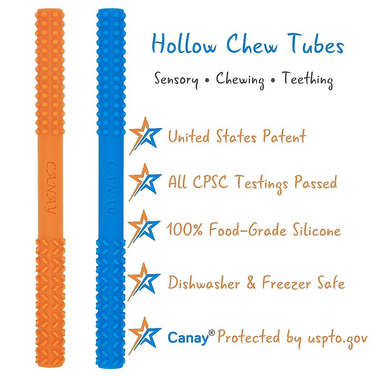 Hollow Chew Tubes Sensory Chew Toys for Autistic Children(2 Pack), Alt. to Chew Necklaces for Sensory Kids, Teething, Oral Motor Stimulation, ADHD, SPD - Teether Toys