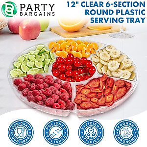PARTY BARGAINS 12" Round Plastic Serving Tray, 6-Sections, Clear, Pack of 4