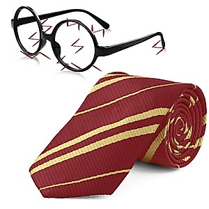 Moncinday Novelty Cosplay Tie Wizard Glasses No Lenses for Wizard Themed Birthday Party Costume Accessories Necktie Halloween Party