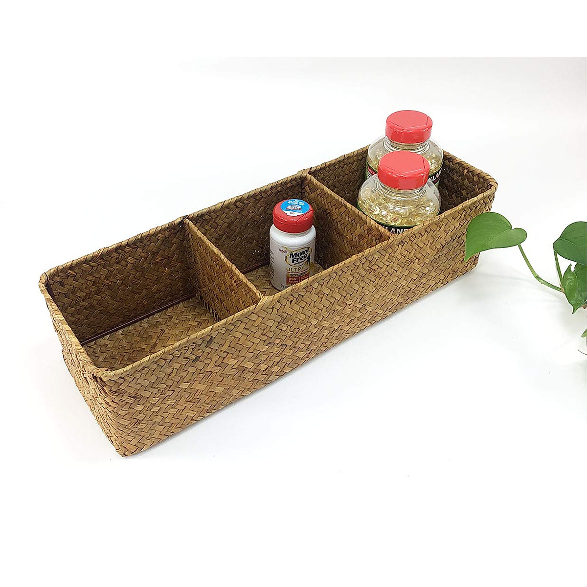 3-Section Larger Toilet Tank Topper Paper Basket,Hand-woven Seagrass Storage Rectangular Basket and Home Organizer Bins,Natural Water Hyacinth Basket (brown middle)