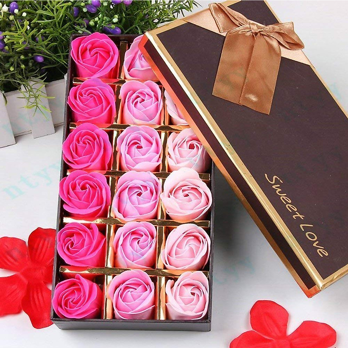 Bath Soap Rose Flower - Rose Petals for Bath, Floral Scented Rose Soap Petals Body Soap in Gift Box for Valentine's Day Anniversary Birthday Mothers Day, Gifts for Her (18 Pcs/Box Gradient Pink)