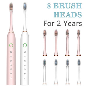 Lukern 2 Pack Sonic Electric Toothbrush, 6 Modes 42000vpm, Toothbrush with 2 Minute Built-in Timer and 8 Brush Heads,White+Pink