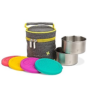 The Pinwheelers - 2 Storage Containers With Lids + 1 Insulated Bag, Food Storage Container for Mini Food, Adults & Kids Snack Container for Christmas Cookies/Christmas Candy, 220 mL, Yellow Gray Bag