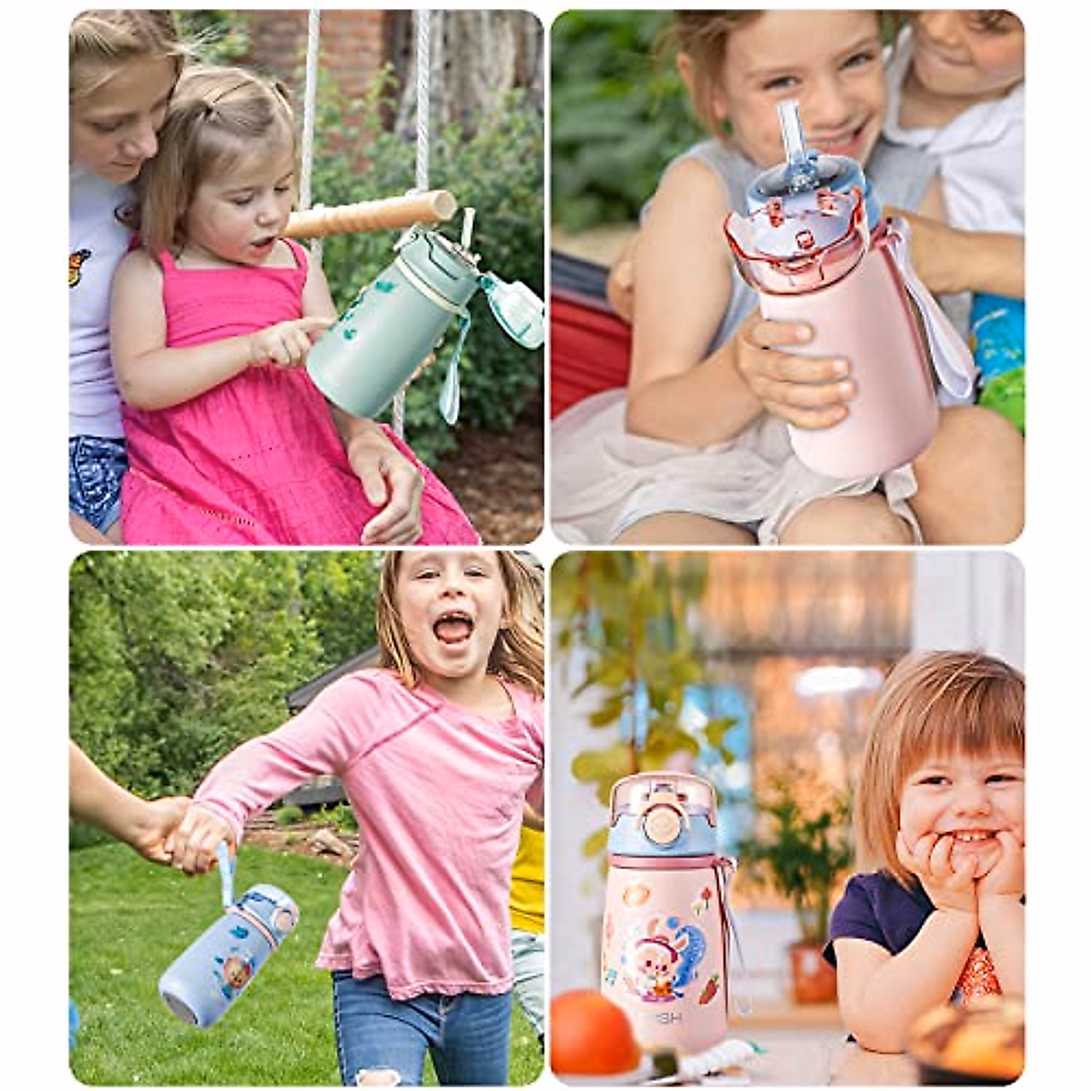 TKK Kids Insulated Water Bottle 16 oz Double Wall Vacuum Stainless Steel Thermos with Leak Proof Straw Lid & Strap Handle & Sticker (Yellow)