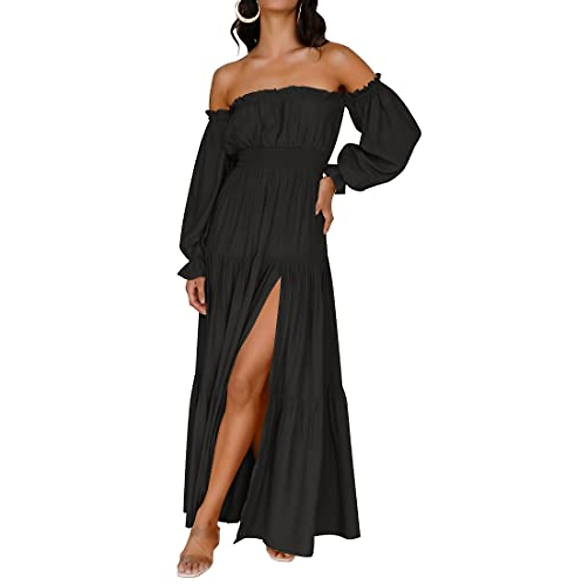 ZESICA Women's 2023 Boho Sexy Off Shoulder Long Sleeve Smocked High Waist Side Split Flowy A Line Tiered Long Maxi Dress,DarkBlack,Large