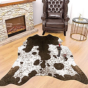Rostyle Faux Cowhide Rug 5.2 x 4.6 Feet, Cute Cow Hide Rug for Living Room Bedroom Western Home Decor Faux Fur Cow Print Rugs White and Brown