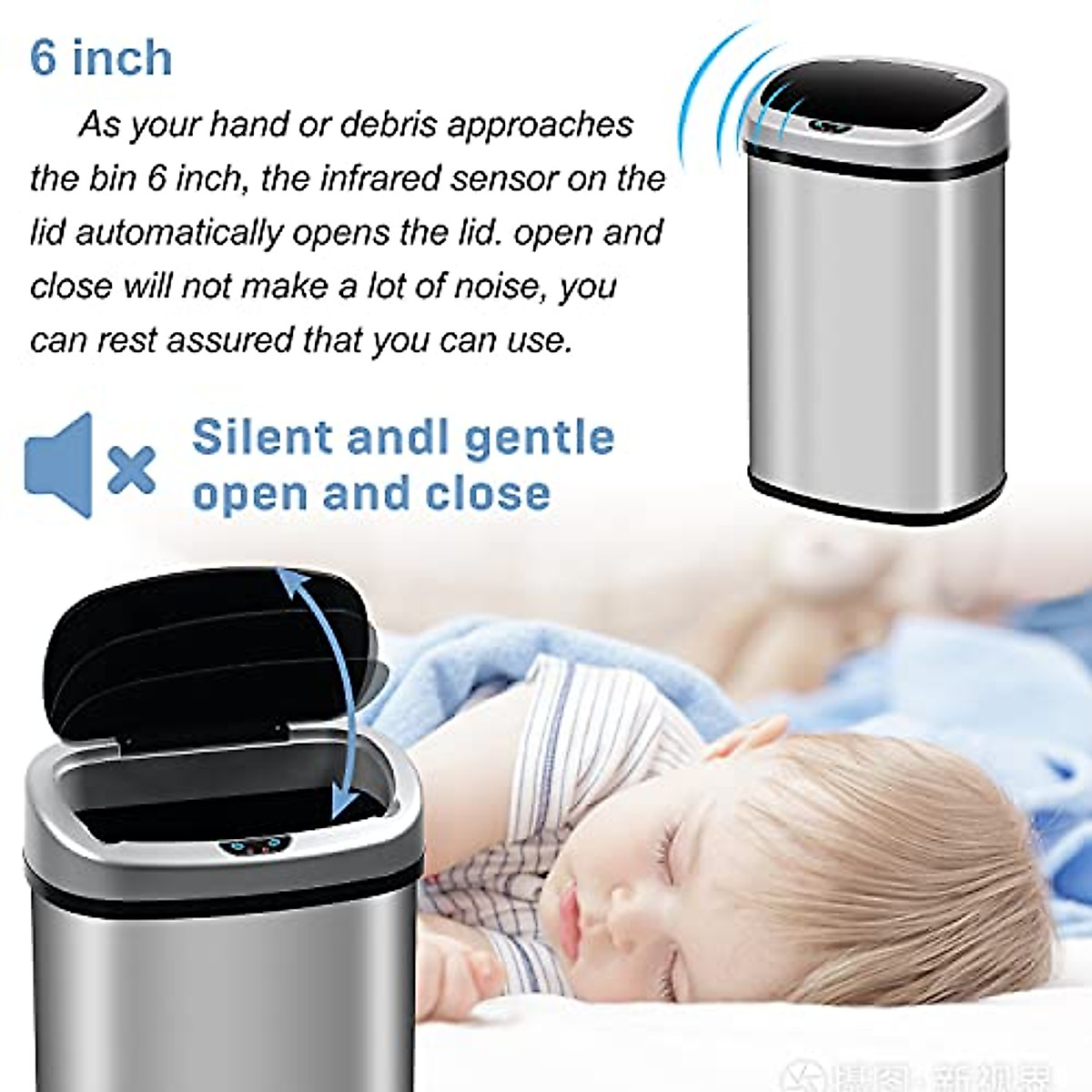 Bigacc 13 Gallon 50 Liter Kitchen Trash Can with Touch-Free & Motion Sensor, Automatic Stainless-Steel Garbage Can, Anti-Fingerprint Mute Designed Trash Bin Trash Can for Office Bedroom, Silver