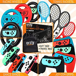 Orzly Sports Family Party Pack Accessories Bundle Designed for Nintendo Switch and OLED Console Games with Tennis Badminton Rackets, Controller Grips, Wheels & Wrist Dance Bands - with Carry Sack