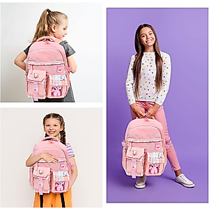 Yozone Girls Backpack with Cute Pin Accessories Plush Pendant Kawaii Backpack Cute Aesthetic Backpack for Teens Girls Women Students (Pink)