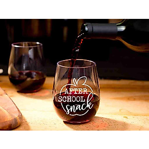 GSM Brands Stemless Wine Glass for Teachers (After School Snack) Made of Unbreakable Tritan Plastic and Dishwasher Safe - 16 ounces