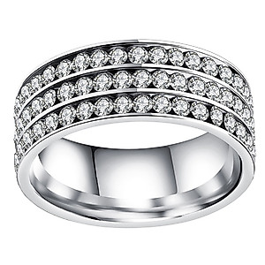 PAURO Women's Stainless Steel 3 Rows Cubic Zirconia Round Cut CZ Ring Promise Wedding Band Silver Size 7