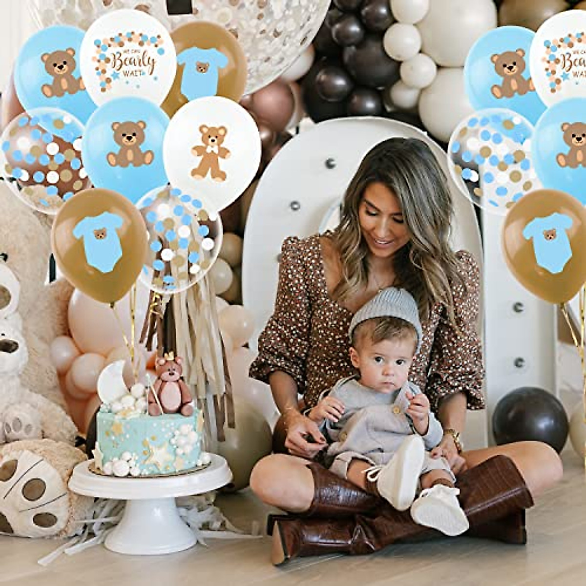 45Pcs Blue Bear Baby Shower Party Balloons, 12" Latex Printed We Can Bearly Wait Brown Creamy Bear Balloon Decor for It's A Boy Gender Reveal Kid Birthday Wedding Photo Prop Party Decorations Supplies
