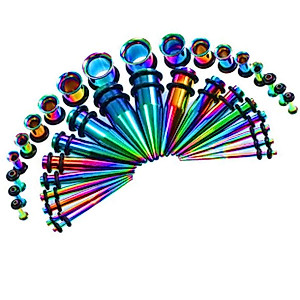 Kjiasiw 36PCS Ear Gauge Stretching Kit Stainless Steel Tapers and Plugs Set Eyelet 14G-00G Body Piercing Jewelry (Rainbow)