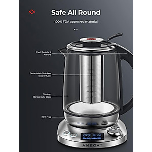 Tea Kettle Electric, AMEGAT Tea Pot with Removable Infuser, 9 Preset Brewing Programs Tea Maker with Temperature Control, 2 Hours Keep Warm, 1.7L Electric Kettles, 1200W, Glass and Stainless Steel