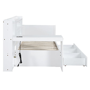 Multi-Functional Twin Size Daybed with Storage Shelves and Study Desk, Wooden DayBed Sofa Bed Frame with 3 Drawers and USB Ports for Office Living Room Bedroom, Maximize Space (White-V5, Twin)