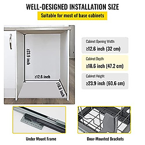 VEVOR Pull-Out Trash Can, 29Qt Double Bins, Under Mount Waste Container with Soft-Close Slides, 66 lbs Load Capacity & Door-Mounted Brackets, Garbage Recycling Bin with Lids for Kitchen Cabinet, Grey