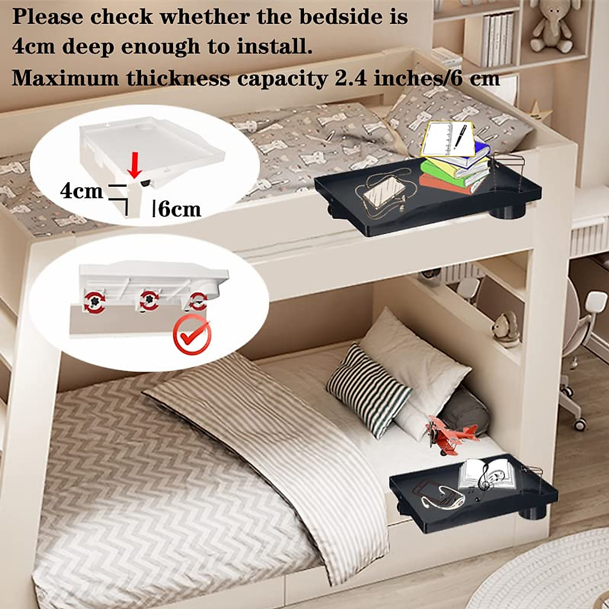 Bedside Shelf, Bunk Bed Shelf Organizer for Top Bunk Dorm Clip On Nightstand with Cup Holder Hooks Hanging Cup Plastic Bedside Shelf Tray for Kids for Bed College Dorm Room Essentials