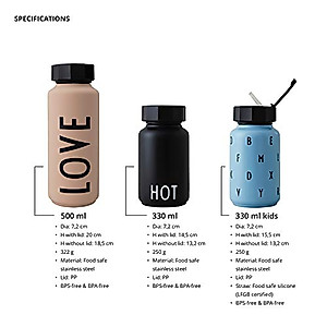 Design Letters Personal Thermo/Insulated Bottle (White) - S - BPA-free double walled vacuum, stainless Steel, Nordic design, Keeps Cold for up to 24 Hrs/Hot up to 12 Hrs, 500 ml, Leak-proof, 280 g.
