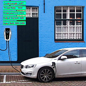 7KW 32Amps Level 2 EV Charger Station with 30TF Cable NEMA 14-50, 220-240V Input J1772 Plug Swipe Card Charging for Most Evs