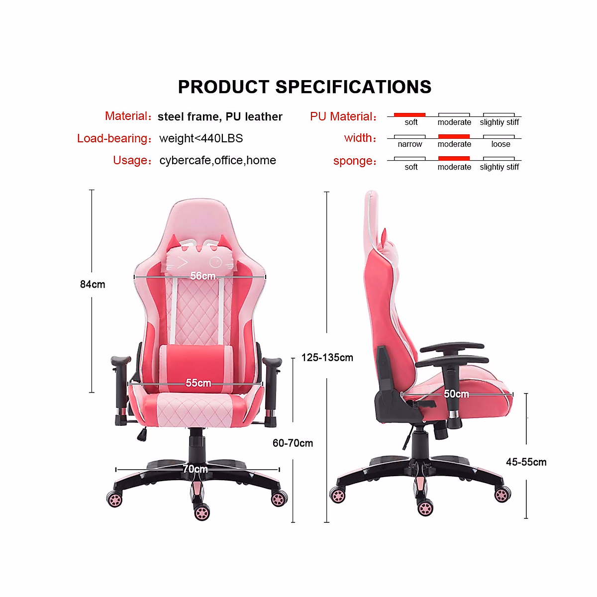 chairus Pink Gaming Chair Racing Computer Desk Game Chair Ergonomic Backrest Reclining Office Chair with Lumbar Pillow and Cute Kitty Headrest