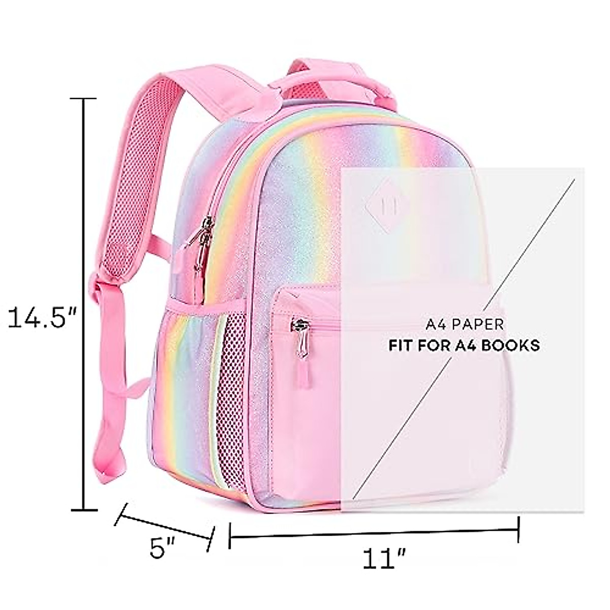 mibasies Girls Backpack for School, Kids Backpack School Bag for Elementary Age 5-8, Pink Blue Rainbow