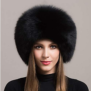Gegefur Women's Real Fox Fur Hats Leather Earmuffs Warm Winter Hats (Black)
