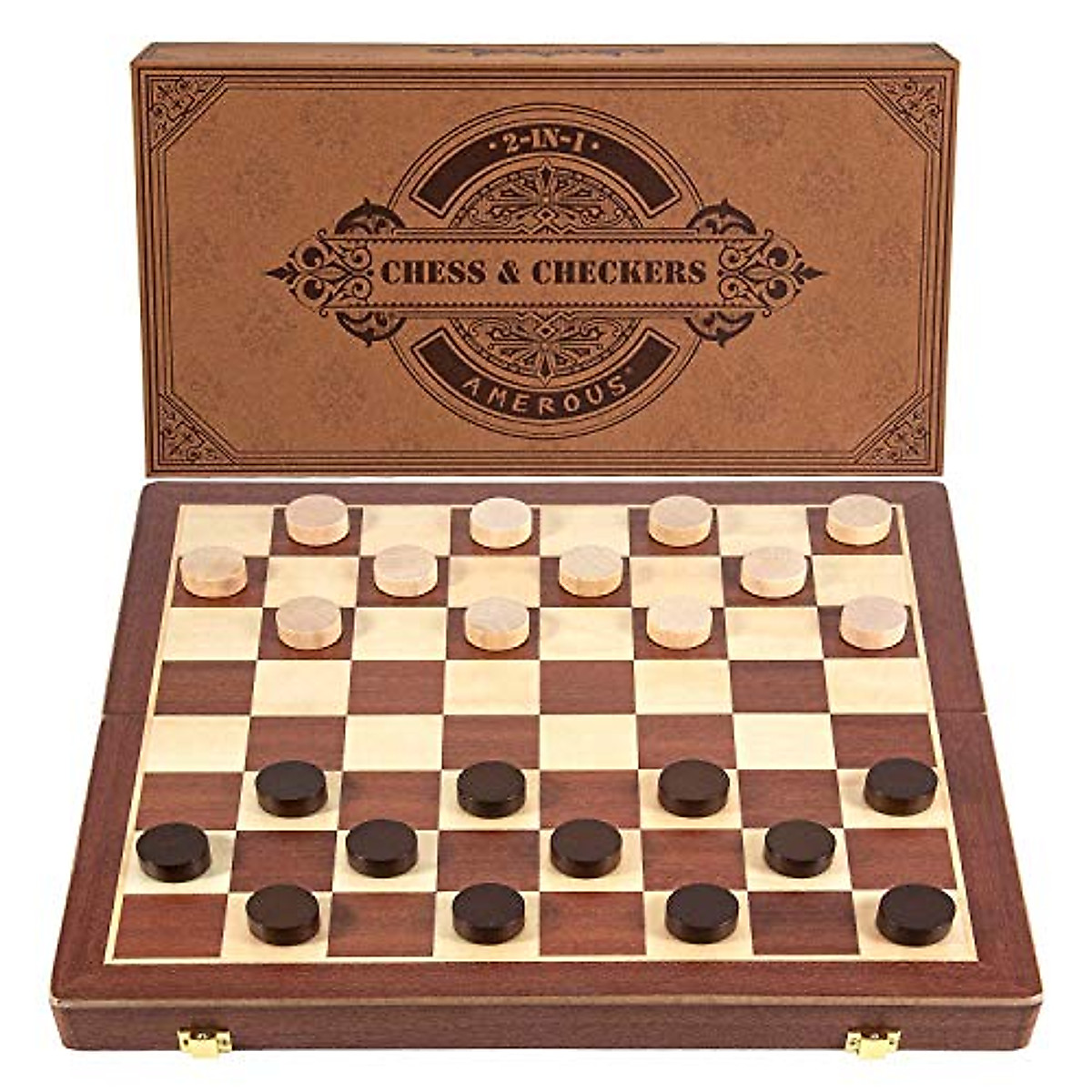 AMEROUS 15 Inches Magnetic Wooden Chess & Checkers Set (2 in 1) - Folding Board -Gift Box Packed -24 Cherkers Pieces -2 Extra Queens - Chessmen Storage Slots, Beginner Chess Set for Kids and Adults