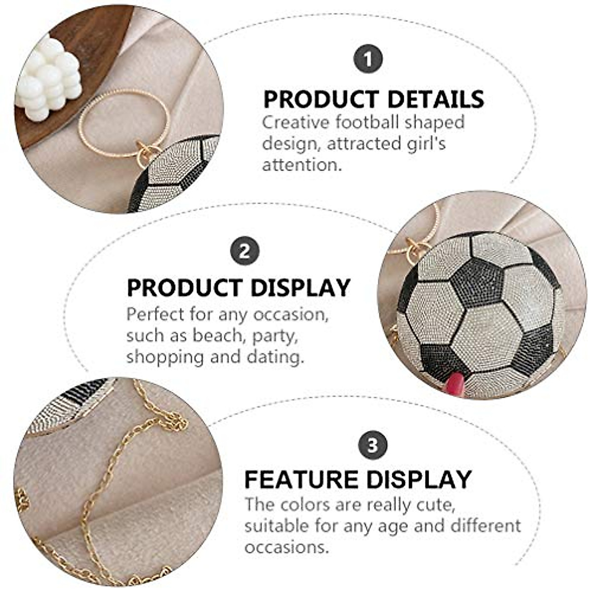 VALICLUD Evening Bag for Women Round Soccer Ball Football Shaped Purse Crossbody Dazzling Clutch Ring Handle