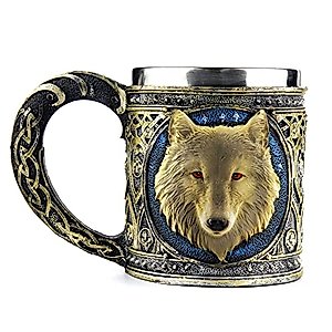 EZESO Stainless Steel Wolf Mug, Resin 3D Wolf Coffee Cup Stainless Steel Travel Tea Wine Beer Mugs (Wolf Mug)