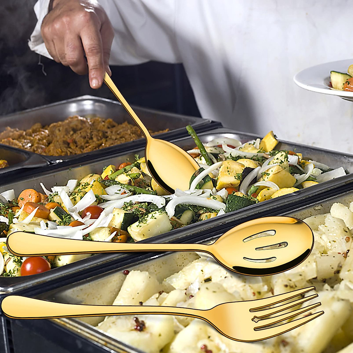 Homikit 3 Pieces Large Gold Serving Spoons, 3 Slotted Serving Spoons and 3 Serving Forks, Stainless Steel Serving Utensils Hostess Set for Catering Buffet, Dishwasher Safe