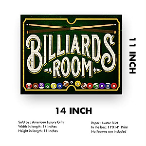 "Billiards Room" -Vintage Pool Room Sign - 14 x 11" Rustic Game Room Wall Art Print -Ready to Frame. Home-Play Room-Bar-Shop-Man Cave Decor. Great Gift for All Pool Sharks! Printed on Photo Paper.