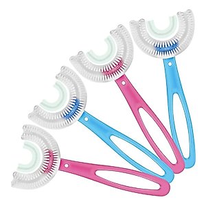 4 Piece Rounded U-Shaped Toothbrush for Kids- Soft and Gentle Silicone Material-Great and Gentle for Children's Teeth- Manual Brush- Teeth Cleaning Product- Easy to use, Pink and Blue