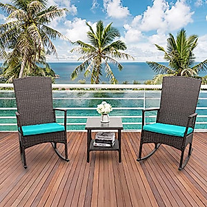 Outdoor PE Wicker Rocking Chair 3-Piece Patio Rattan Bistro Set 2 Rocker Armchair and Glass Coffee Side Table Furniture, Washable Lacing Cushion (Turquoise)