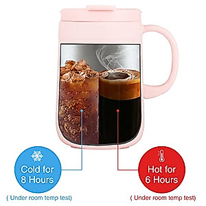 PINKAH Stainless Steel Coffee Mug with Lid and Handle, Double Wall Vacuum Insulated Cup, 16oz, Pink