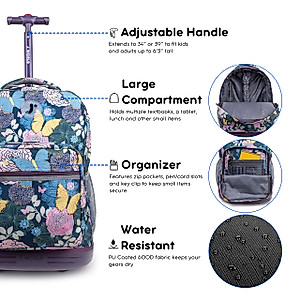 J World New York Sunrise Rolling Backpack. Roller Bag with Wheels, Secret Garden, 18"