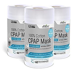 AWOW Professional CPAP Cleaning Wipes - Unscented 100% Cotton, Make CPAP-Mask-Cleaning easy for Daily CPAP/BiPAP Mask Maintenance, 62 CPAP Wipes per Canister. (3pk, 186 Wipes)