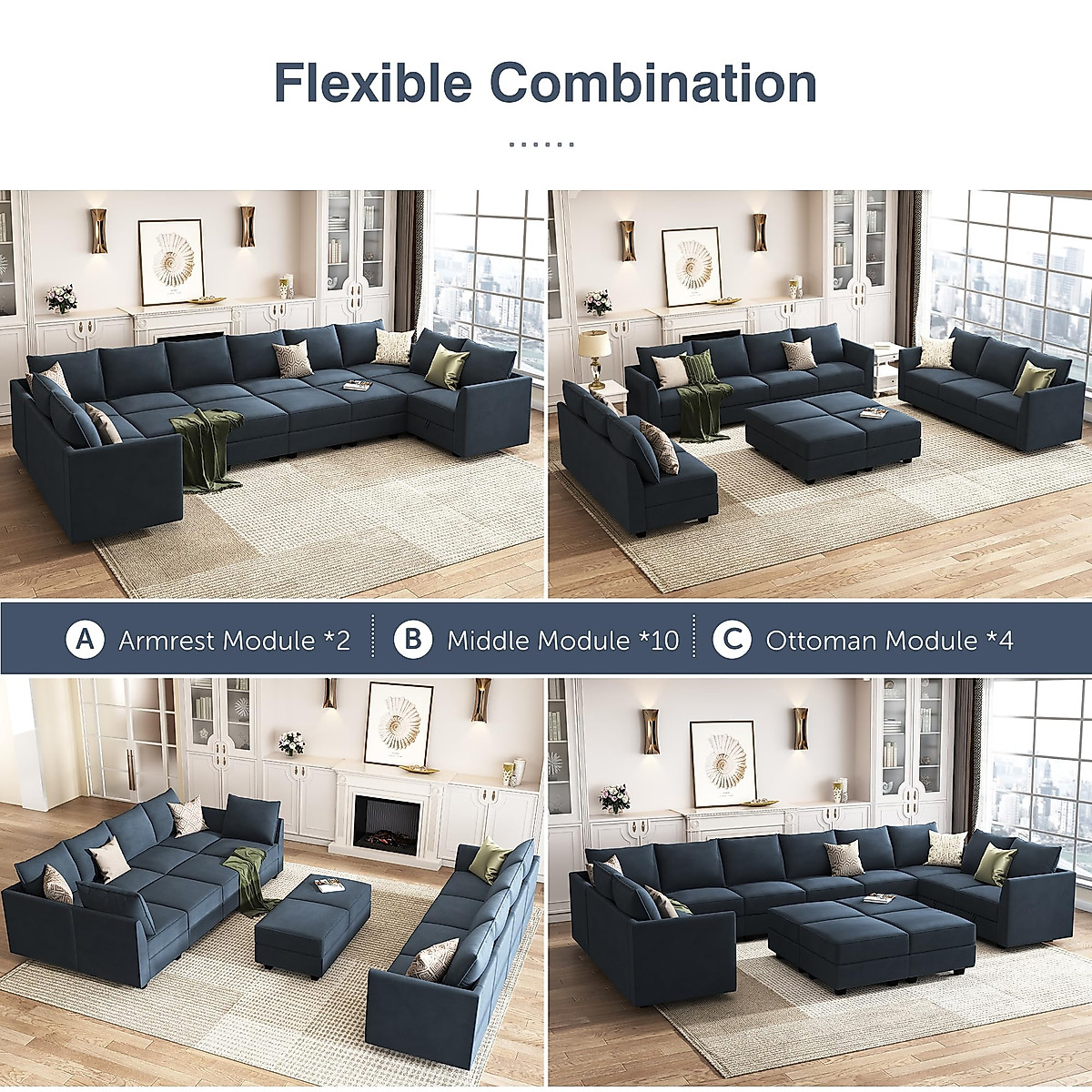 HONBAY Velvet Modular Sofa Couch with Chaise Oversized U Shaped Sectional Sofa Reversible Modular Sofa Bed with Storage Seats, Dark Blue