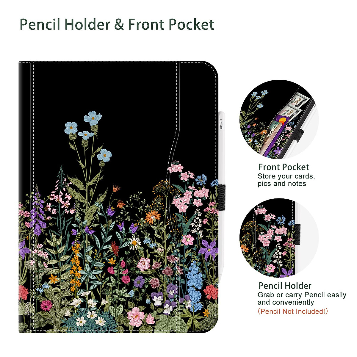 for iPad 10Th Generation Case, for iPad Case 10Th Generation 2022, for iPad 10Th Gen Case 10.9 Inch Pencil Holder/Hand Strap/Pocket, Adjustable Stand, Auto Wake/Sleep, Black Flower Floral