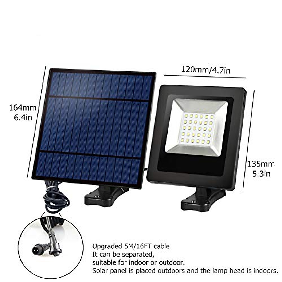 Solar Outdoor Lights Garden LED Flood Lights with Extension Cable Dusk to Dawn Security Waterproof Landscape Lighting for Barn,Ceiling Porch, Cabin roof,Tree,Doorway,Yard,Street(Warm White)